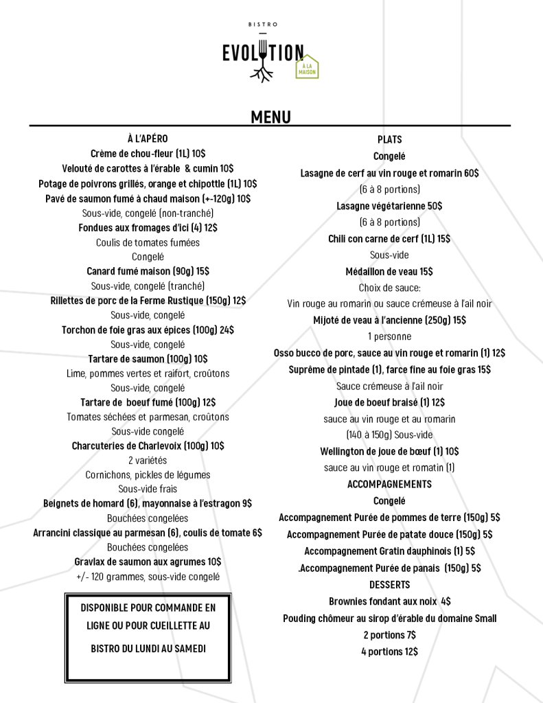 Menu take out mars 2024 - Bistro Évolution Traiteur